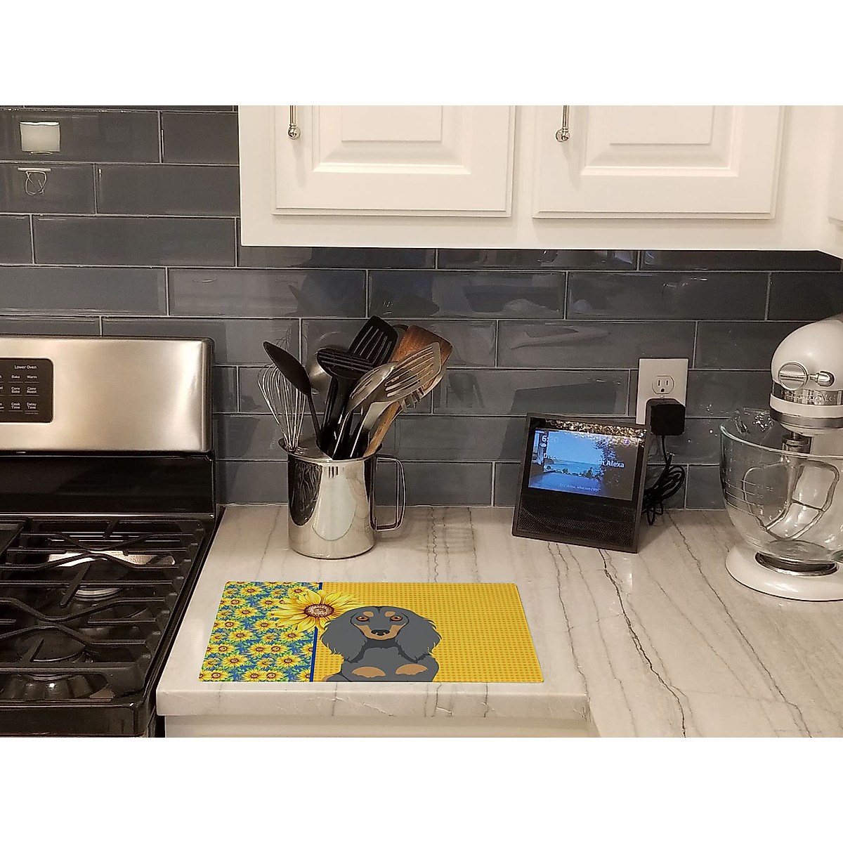 Caroline's Treasures WDK5391LCB Summer Sunflowers Longhair Blue and Tan Dachshund Glass Cutting Board Large Decorative Tempered Glass Kitchen Cutting and Serving Board Large Size Chopping Board