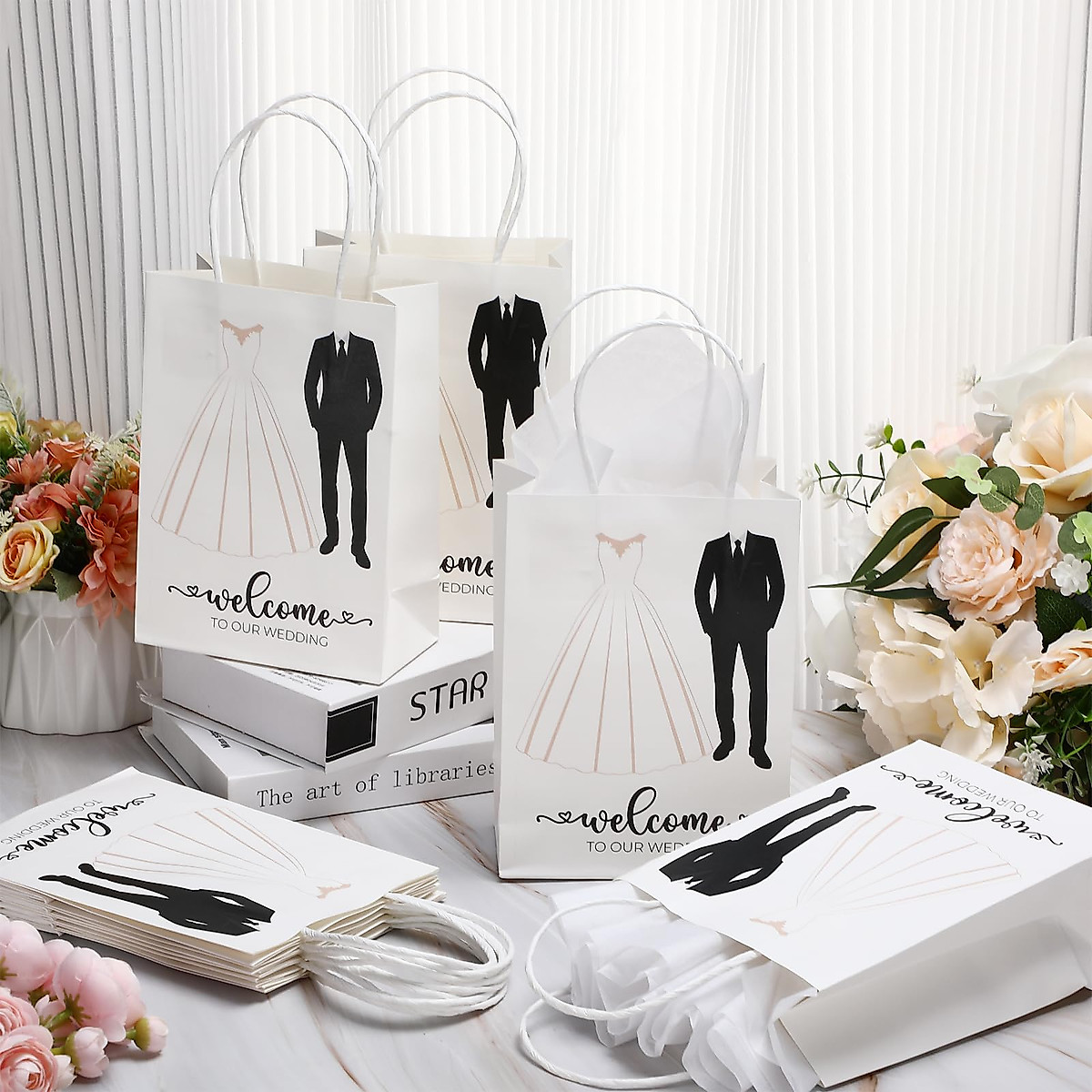 Zhanmai 50 Sets Wedding Welcome Bags with 50 Sheets Tissue Paper Wedding Favor Bags Welcome to Our Wedding Gift Bags Wedding Party Gift Bags with Handles for Wedding Guests,5.91 x 3.15 x 8.27 Inches