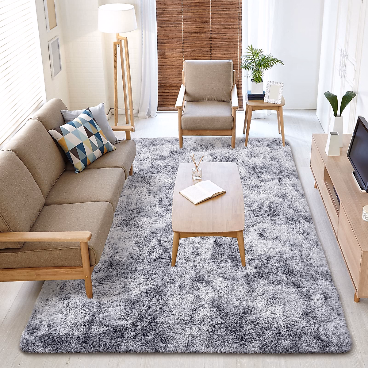 Softlife Fluffy Rug for Living Room, 6x9 Feet Plush Area Rug for Bedroom, Tie-Dyed Grey Furry Shag Rug for Aesthetic Christmas Room Decor, Soft Modern Fuzzy Faux Fur Carpet for Kids Nursery Room Dorm