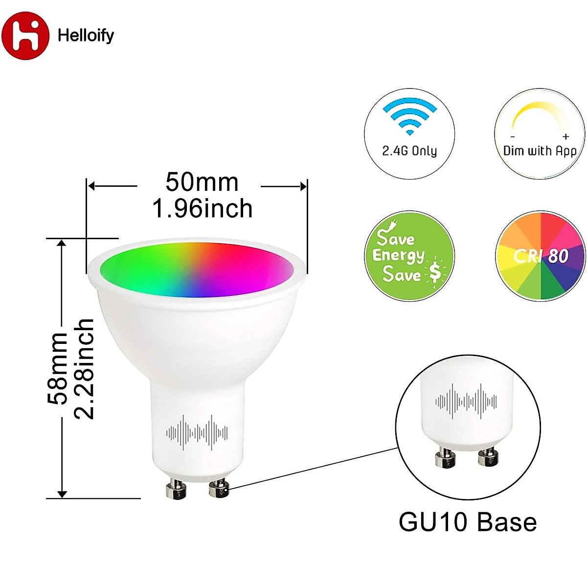 helloify GU10 LED Smart, WiFi Light Bulb Compatible with Alexa Google Home, RGBCW Color Changing, Cool Warm White Light Dimmable, No Hub Required, 40W Equivalent, RGB+2700K-6500K, 2PCS