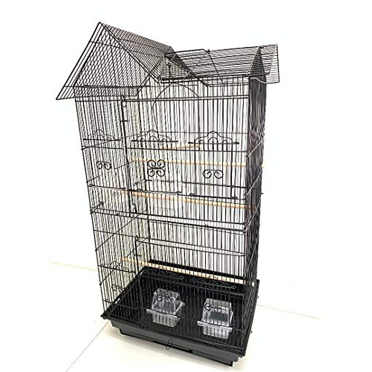 63" Roof Top Bird Flight Rolling Stand Pet Cage for Cockatiel Sun Conure Parakeet Finch Budgie Lovebird Canary (18L x 14W x 63H inches, Black)