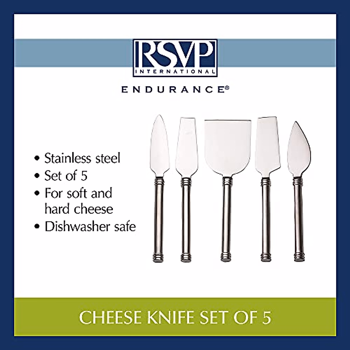 RSVP International Endurance® Stainless Steel Cheese Knives, Set of 5 | Five Different Blades | Cut & Serve Cheeses in Style | Great for Parties, Events, or Home Use | Dishwasher Safe