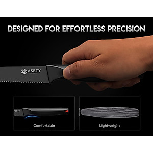 ASETY Steak Knives Set of 6, Serrated Steak Knives,Dishwasher Safe,High-Carbon Stainless Steel Steak Knife Sets with Elegant Box,Black