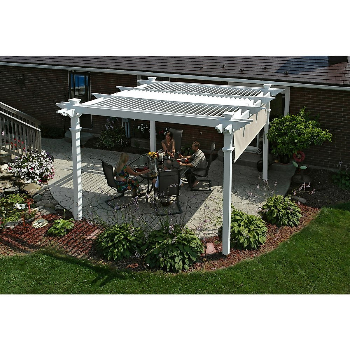 Camelot 12' x 12' Adjustable Louvered Vinyl Pergola & New England Arbors Bolt Down Bracket Kit for Pergolas - VA80205