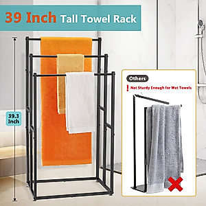 Free Standing Towel Rack, 39 Inch Tall Floor Towel Racks for Bathroom, 3 Tier Freestanding Outdoor Pool Towel Drying Rack Stand, Blanket Holder Storage, Black, ALHAKIN