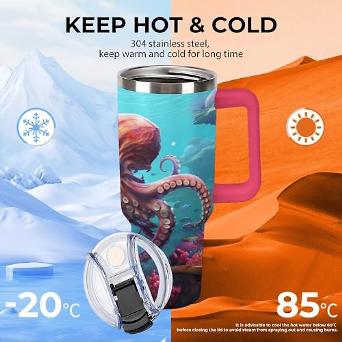 Octopus 40 Oz Car Cup Stainless Steel Travel Mug Leak-Proof Insulated Tumbler with Handle Light Rose Red-style
