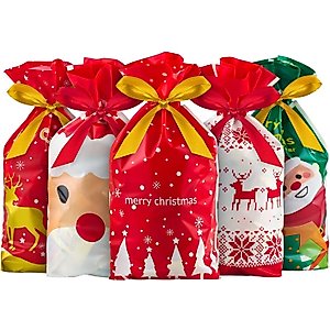50 PCS Christmas Candy Bag Christmas Treat Bags Candy Goodies Plastic Drawstring Gift Bags Merry Christmas Treat Bags for Birthday Party Snack Wrapping Wedding Gift Party Favor Merry X-mas