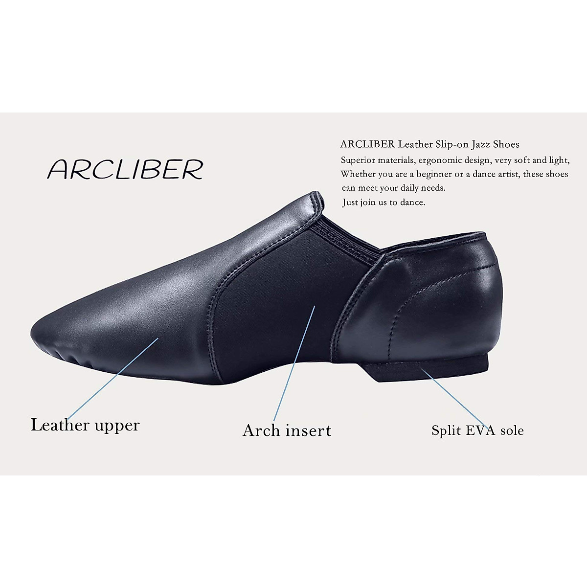 ARCLIBER Unisex Dance Shoes Leather Upper Slip-On Jazz Shoes for Women Men 8.5M Black