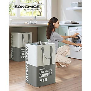 SONGMICS Laundry Baskets, Laundry Hamper with 2 Compartments, 23.8 Gallon (90L) Set of 2 Collapsible Water-Repellent Clothes Hampers, Tall Laundry Bag for Bedroom Bathroom, Dark Gray ULCB209G22