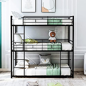 GLORHOME Twin Size Metal Triple Bunk Bed with 2 Front Ladders for Kids Adults, No Box Spring Required, Black