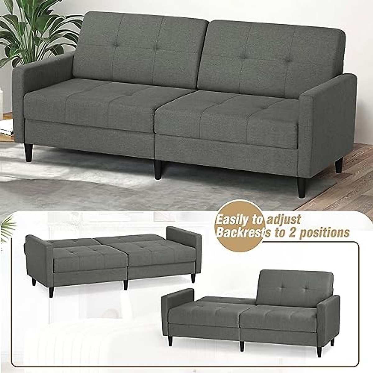 BIVVI 77” Long Linen Fabric Sofa Bed Convertible Loveseat Couch with Adjustable Backrest and Wooden Legs,Sleeper Lounge Couch for Living Room/Dorm/Guest/Home Office/Apartment,Gray