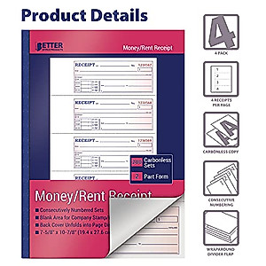 Cash Money and Rent Receipt Books, 4 Pack, Large Size, 2-Part Carbonless (White/Canary Yellow), 7-5/8 x 10-7/8 inches, by Better Office Products, 4 Sets per Page, 200 Sets per Book (800 Total Sets)