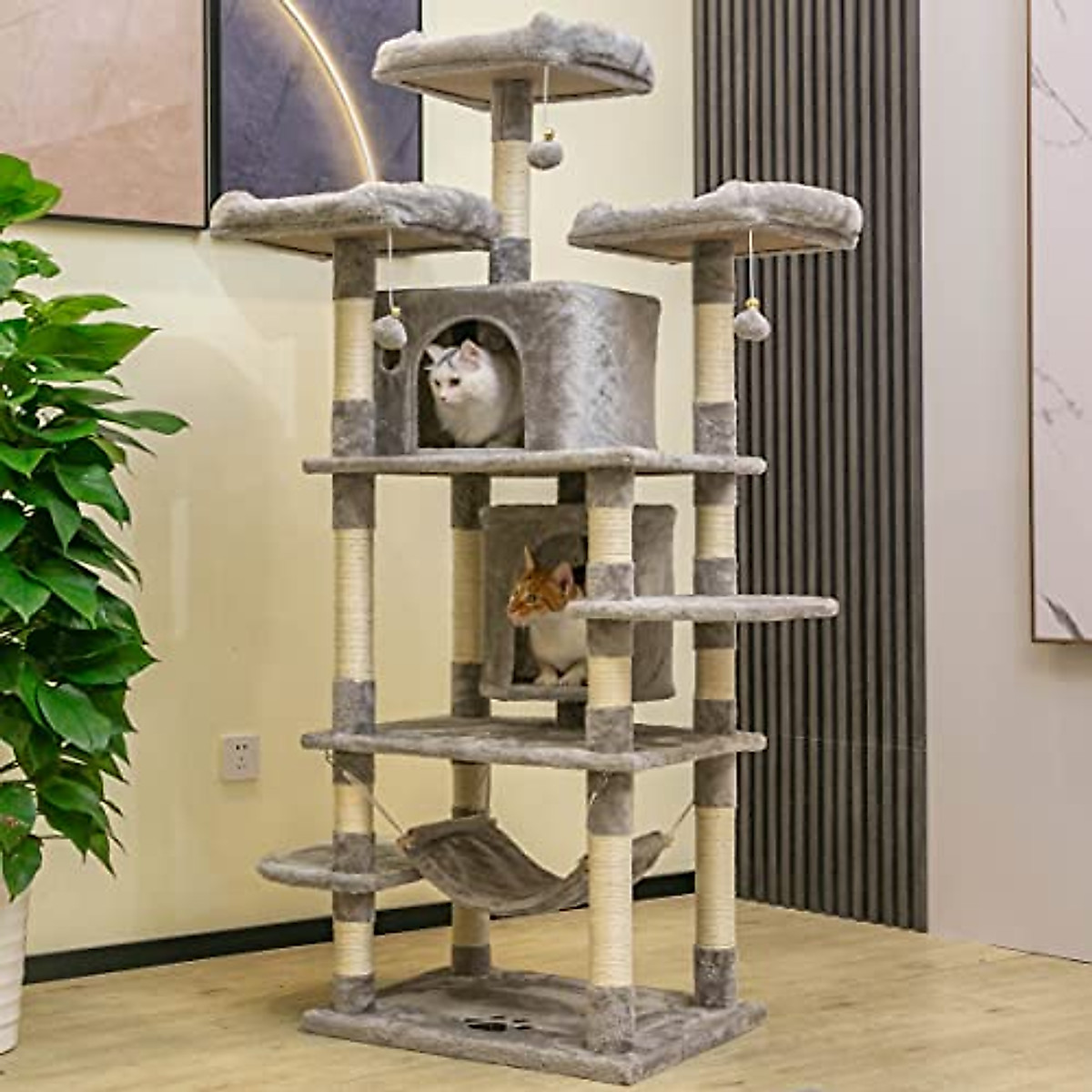 NEGTTE Cat Tree Tower for Indoor Cats,67 inches Extra Large Multi-Level Cat Condo with Sisal Scratching Posts for Large Cats Kitty Play House,Light Gray