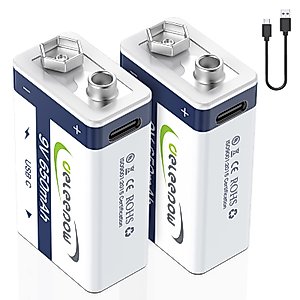 Deleepow Rechargeable 9V Batteries 650mAh USB 9V Lithium Battery 2 Pack with USB-C Cable