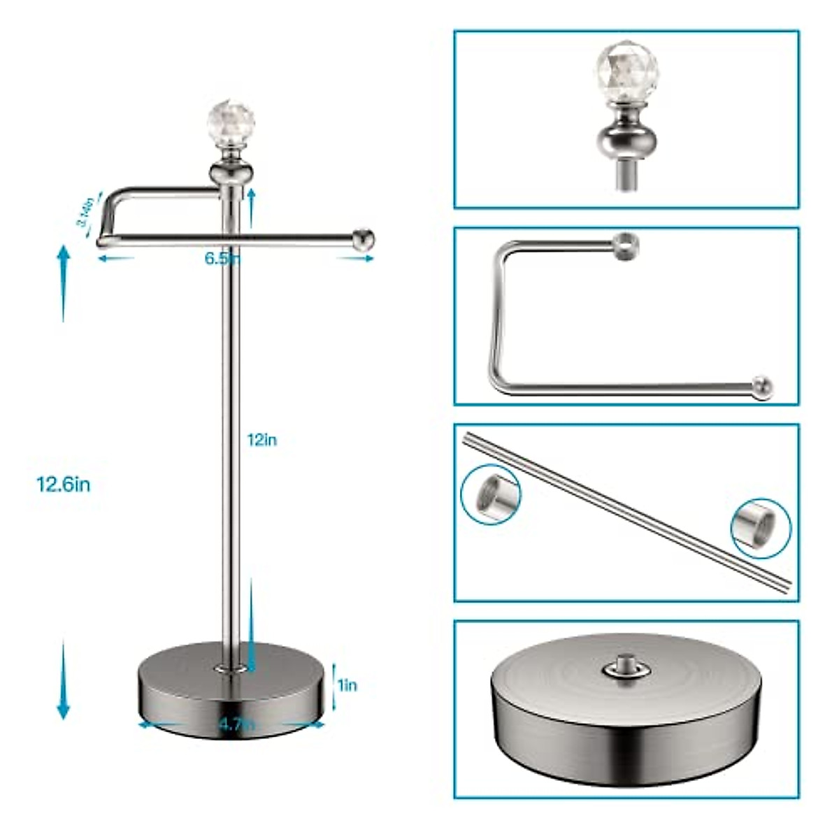 ROLABAM Heavy Weighted Hand Towel Holder(with Crystal Ball) Hand Towel Holder Stand Total Height 15.7'' for Kitchen,Bathroom,Vanity and Countertops,Classic Metal fingertip Towel Holder,Brushed Nickel