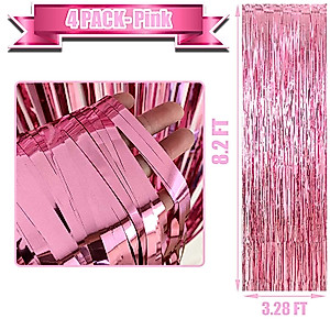 4 Pack Pink Foil Fringe Curtain Backdrop, 3.28Ft x 8.2Ft Metallic Tinsel Foil Fringe Streamer Curtains for Photo Booth Props, Birthday, Wedding, Valentine's Day Decoration Party Supplies