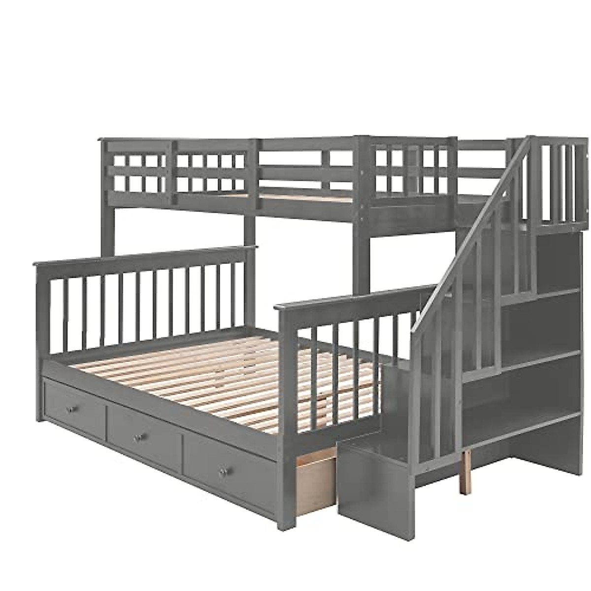 LZ LEISURE ZONE Twin Over Full Bunk Bed with Drawers, Solid Wood Bunk Bed Frame with Stairway, Storage & Guard Rail for Bedroom Dorm, Gray