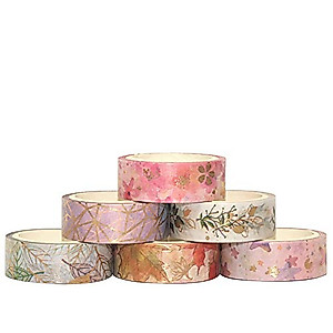 YUBBAEX Floral Gold Washi Tape Set 6 Rolls VSCO Foil Masking Tape Decorative for Arts, DIY Crafts, Journal Supplies, Planners, Scrapbook, Card/Gift Wrapping -15mm- (Romantic Flowers)