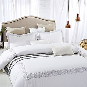 Superior Embroidered Cotton Duvet Cover Set, Soft Bedding Covers, Bedroom, 1 Duvet Cover with Button Closure, 1 Pillow Sham, Elegant Design, Moonlawn Collection, Twin/Twin XL, White