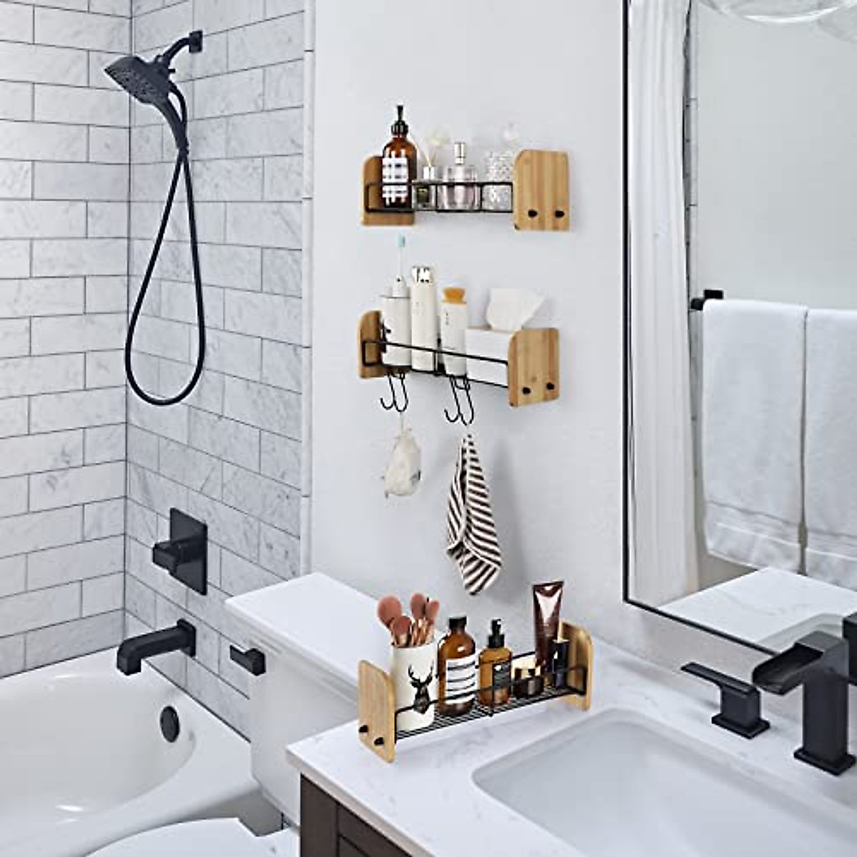 Lomivra 3 Pack Shower Caddy,Bamboo Shower Caddy Bathroom Organizer Shelf,Shower Organizer Rack with 3 Hooks,No Drilling & Rustproof Adhesive Hanging Shower Storage Basket for Inside Shower Bathroom