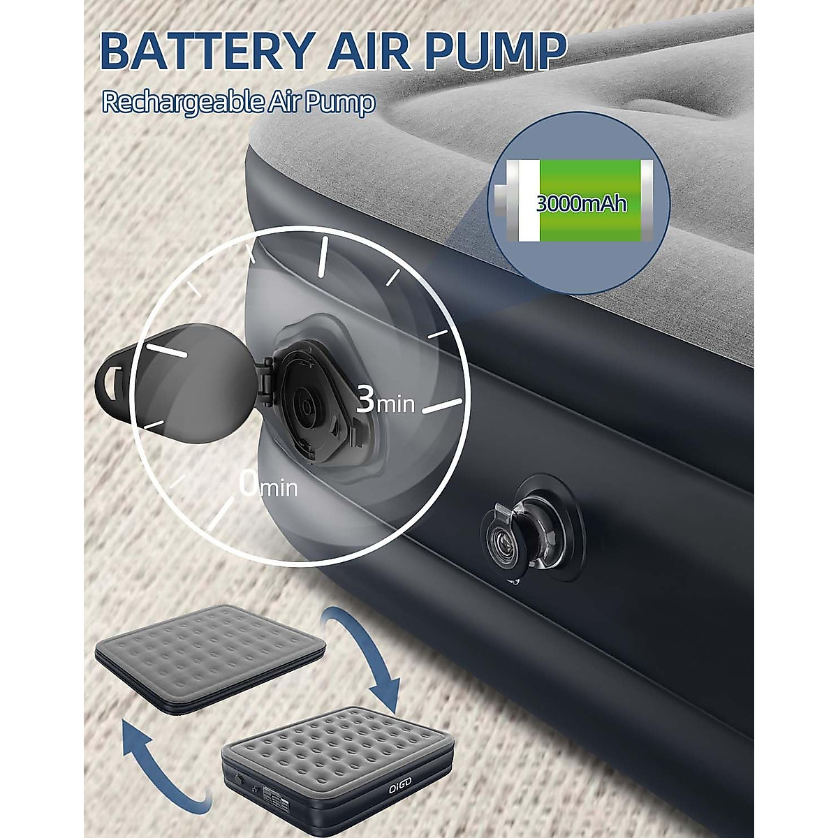 QIGO Air Mattress Queen Size with Chargeable Battery Built in Pump, Blow up Mattress for Camping, Home and Guests, Quick Self Inflating Air Bed, Colchon Inflable - Portable, Comfortable and Durable