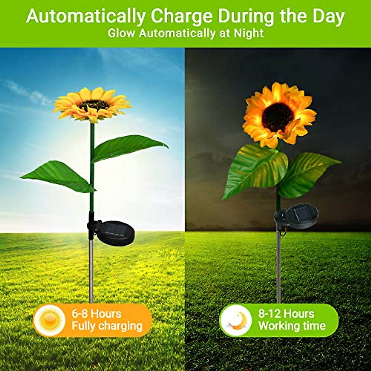 BLUEGUAN 4 Packs Solar Garden Lights, Solar Lights Outdoor Waterproof, Automatic Charging Sunflower Solar Flower Lights, Garden Solar Lights Decorative for Courtyards, Backyards and Lawn