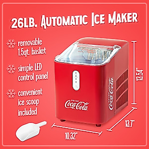 Coca-Cola Automatic Ice Maker, Self- Cleaning, Countertop Size, 26 Pounds in 24 Hours, 9 Large or Small Ice Cubes in 7 Minutes, LED Control Panel, Scoop Included, Perfect for Water Bottles
