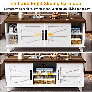 PAKASEPT Farmhouse Coffee Table with Sliding Barn Doors and Storage Cabinets Shelves, Center Table Rectangular Cocktail Table with Adjustable Shelves for Living Room, White