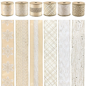 MAYREEL Champagne Christmas Ribbon Wired 2.5 Inch Champagne Gold Ribbon for Christmas Trees Wreaths Tree Toppers Crafts Home Decor Gift Wrapping 6 Rolls Total 36 Yards