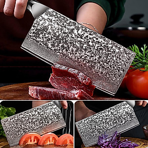 KEENZO Damascus Meat cleaver knife 7 inch, Professional kitchen knife, sharp Chinese chef knife. Hand forged high-carbon stainless steel butcher knife. Ergonomic Full-Tang handle with gift box ﻿