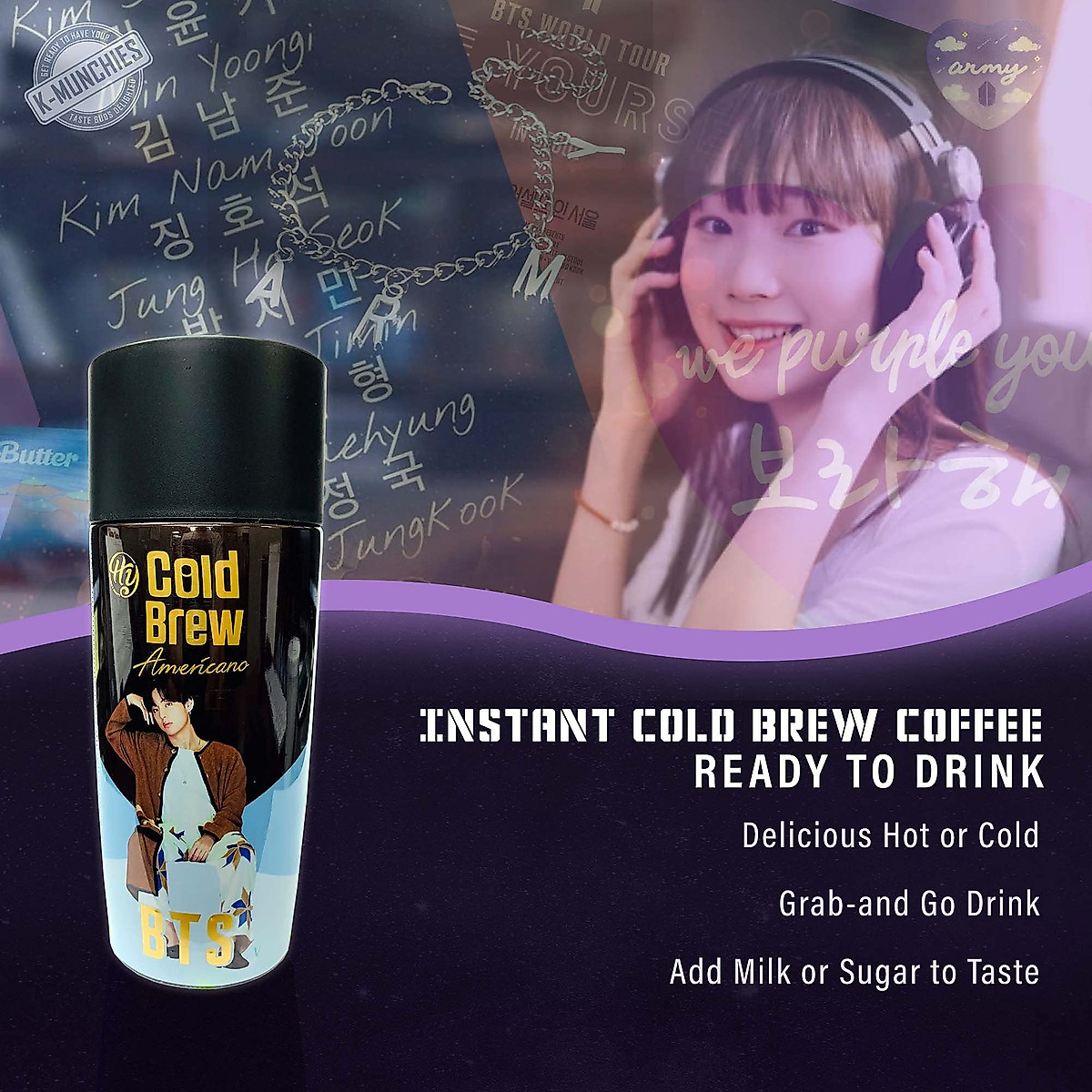 K-Munchies Paldo BTS Coffee - 7 x 270 mL BTS Cold Brew Coffee Americano Premium Package - Bottled Cold Coffee Drink - Instant Canned Coffee Cold Brew Beverages Featuring South Korea's Bangtan Boys