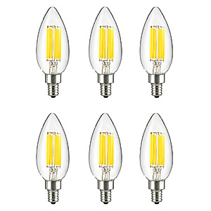Sunlite 40956 LED B11 Filament Style Chandelier Light Bulb Torpedo Tip 5 Watts (60 W Equivalent) Dimmable, 600 Lumens, Candelabra E12 Base, UL Listed, 6 Pack, 30K-Warm White
