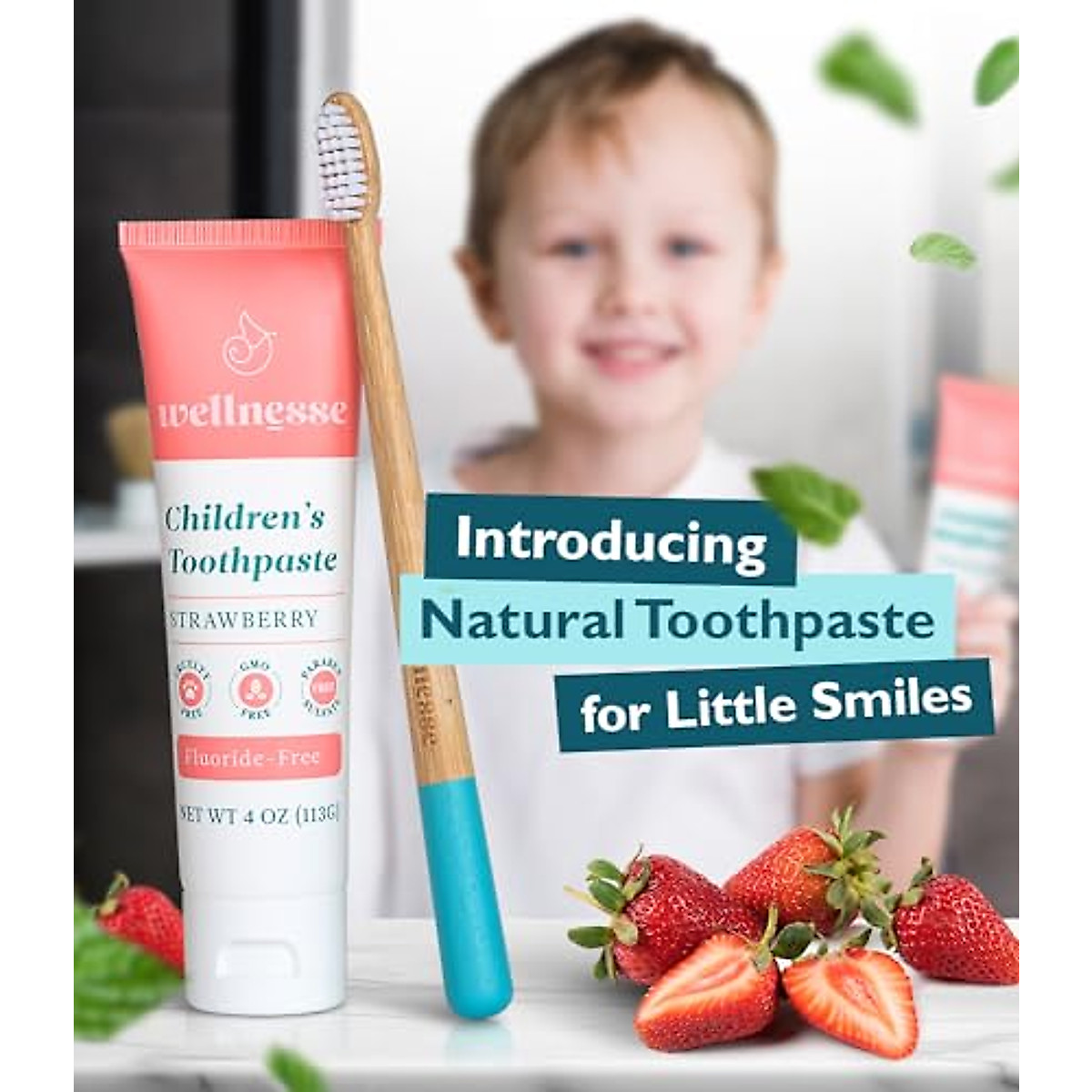 Wellnesse Kids Hydroxyapatite Toothpaste & Fluoride-Free - Natural Ingredients w/Strawberry Flavor - Suitable for Toddlers to Baby Kids Toddler - Sensory Friendly, Vegan & Cruelty-Free