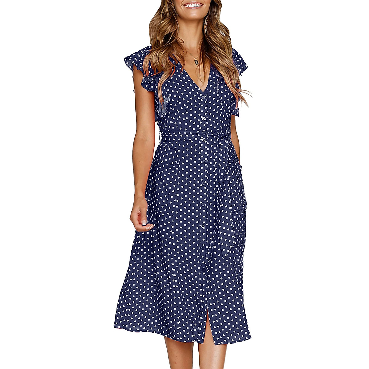 MITILLY Women's Boho Polka Dot Flutter Short Sleeve V Neck Button Down Swing Midi Dress with Pockets Small Dark Blue