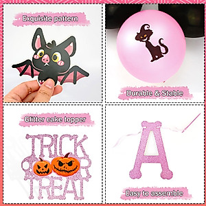 DPKOW Pink Halloween Party Decorations with Happy Halloween Banners, Cupcake Toppers and Balloons Pink and Black Halloween Decorations for Girls Kids Baby Shower Boo Day Birthday Party Supplies, 36Pcs