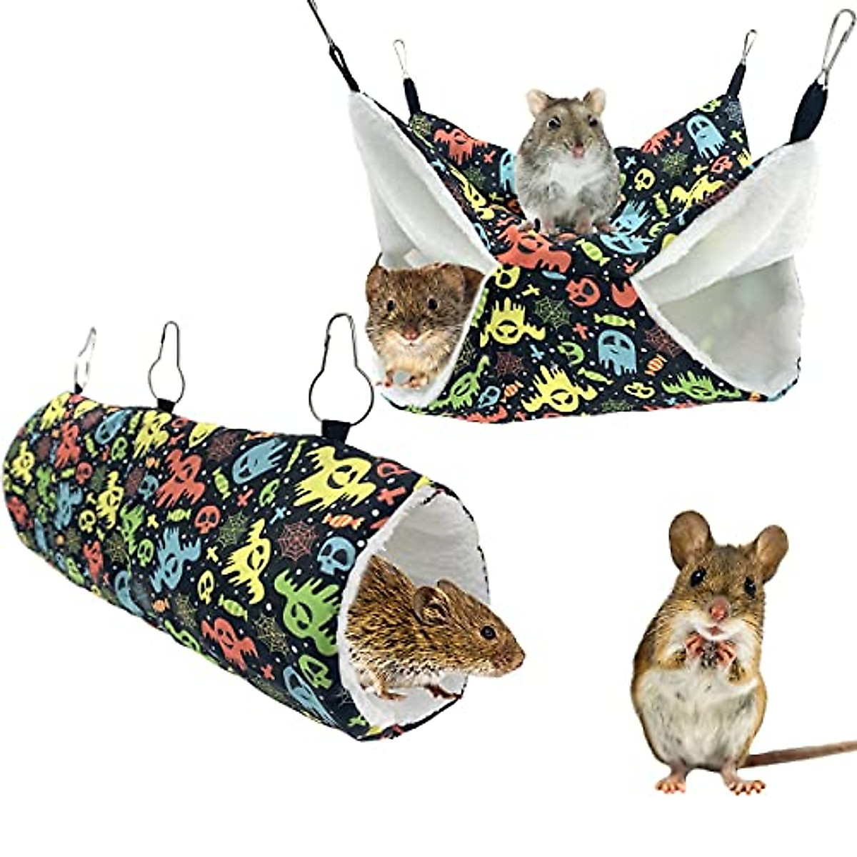 CooShou 2PCS Halloween Small Pet Hammock Hanging Tunnel Set- Halloween Hamster Hammock Bunk Bed Sugar Glider Hideout Tunnel Sleeping Nest House Cage Accessories for Squirrel Ferret Chincilla