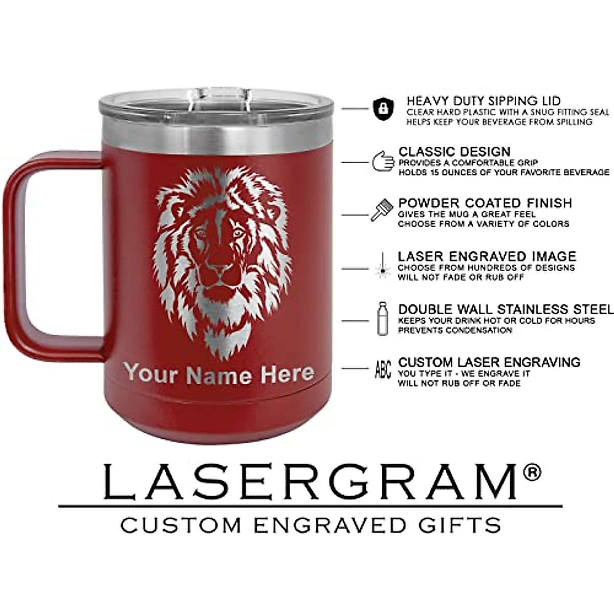 LaserGram 15oz Vacuum Insulated Coffee Mug, Coat of Arms Dominican Republic, Personalized Engraving Included (Maroon)