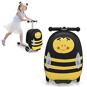 Goplus 2-in-1 Ride On Suitcase Scooter for Kids, Carry on Luggage with LED Flashing Wheels, Waterproof Shell, Retractable Steering Handle, Lightweight Folding Scooter for Boys Girls Travel (Bee)