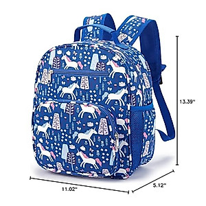 Telena Kids Backpack for Boys Girls, Cute Water Resistant Toddler Preschool Bag with Adjustable Padded Straps, Blue Unicorn