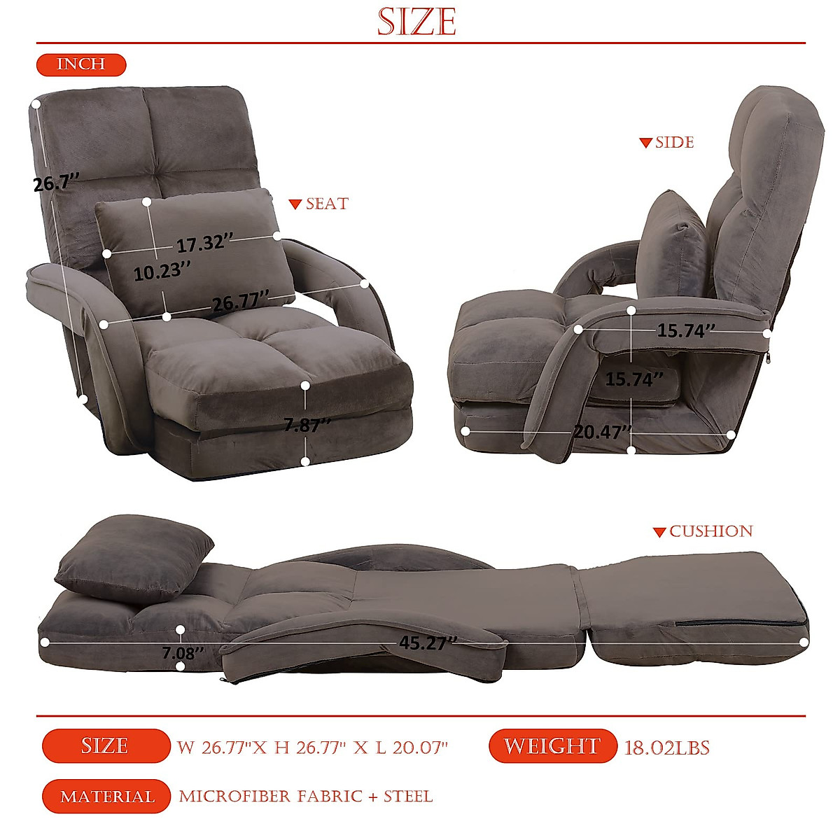 FLOGUOR Indoor Chaise Lounge Sofa Floor Chair with Back Support for Adults Folding Lazy Sofa with Armrests and Pillow Gaming Chairs 8808CO