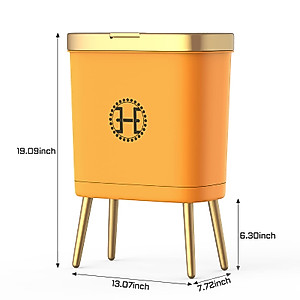 Bedroom Trash Can with Lid,Slim Bathroom Cans Lids, Dog Proof Press Top Lid,Modern Gold Plastic Waste Basket for Living Room, Office,Kitchen, 4 Gal-Orange