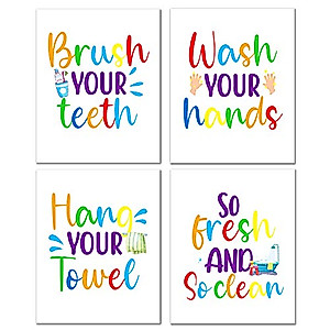 WhatSign Funny Bathroom Quote Art Print, Kids Bathroom Decor,Farmhouse Bathroom Decor,Bathroom Rules Typography,Signs & Rules Decorations ,Set of 4, 8" x 10", Unframed