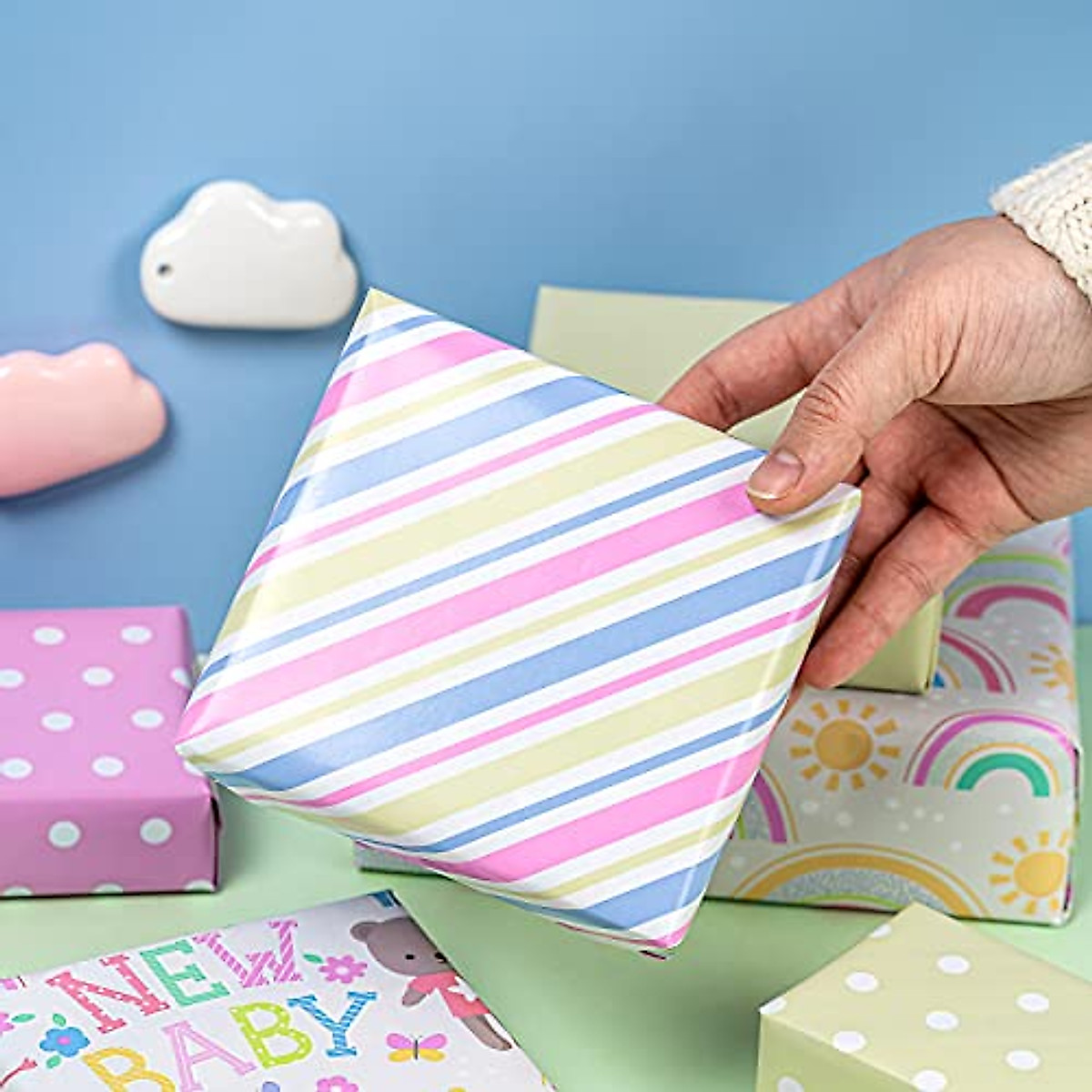 WRAPAHOLIC Reversible Baby Shower Wrapping Paper - Mini Roll - 3 Rolls - 17 Inch X 120 Inch Per Roll - Solid Green, Polka Dot, Stripes, Rainbows, Cute Animals & New Baby Lettering