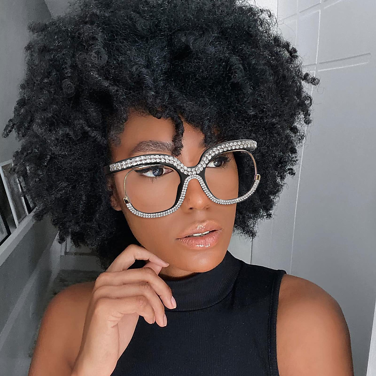 Rmerom Blue Light Blocking Oversized Glasses Stylish Fake Round Eyeglasses for Women UV400 Protection Eyewear GVA9051 (Black/Anti-blue W/Diamon)