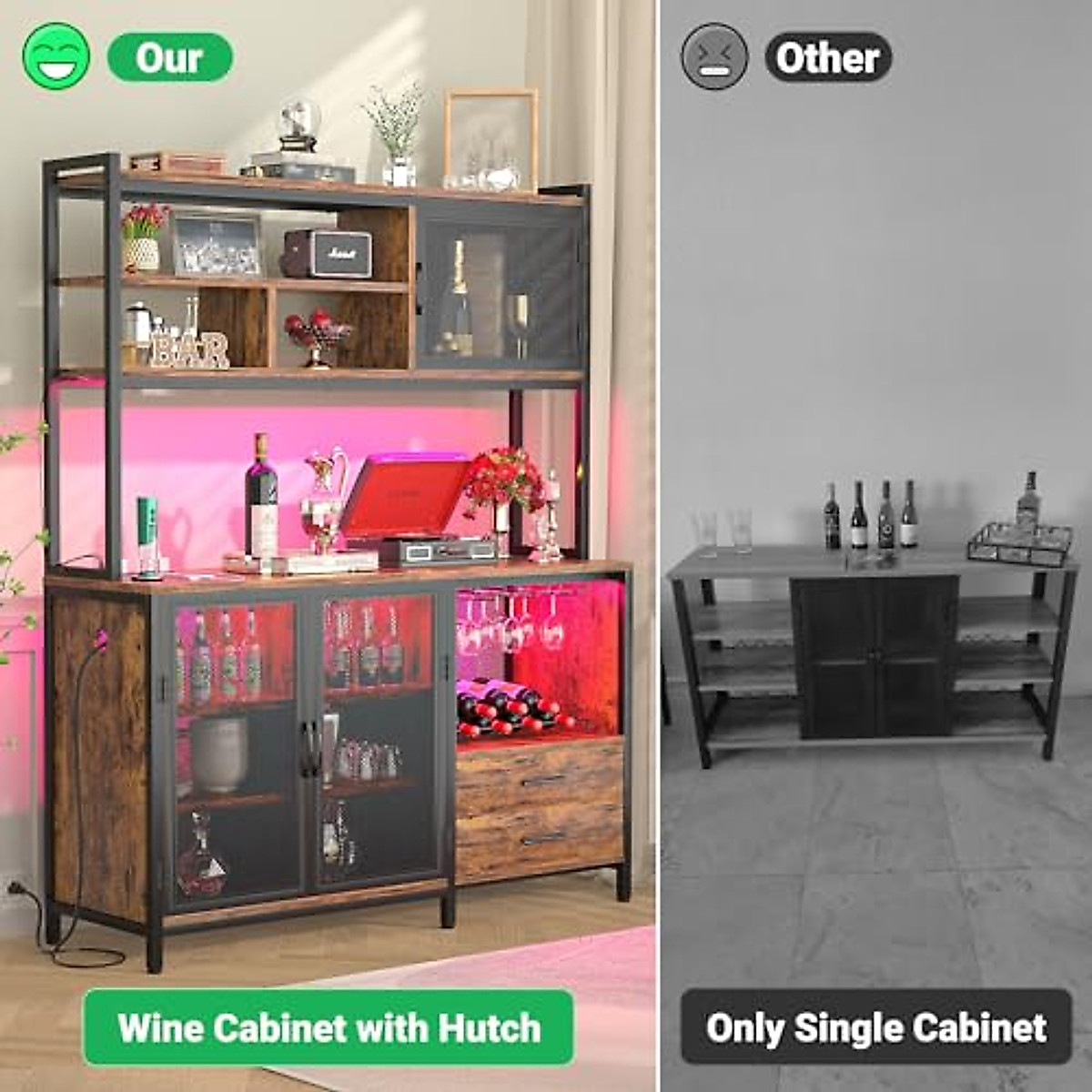 Cyclysio 7-Tier Wine Cabinet with Large Storage Space, Tall Home Bar Cabinet with Power Station & LED Light, Farmhouse Liquor Cabinet with Storage Drawers, Hutch, Wine Rack, Farmhouse