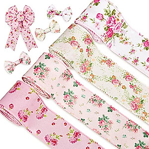 Whaline Floral Wired Edge Ribbon 4 Rolls Rose Flower Pattern Ribbon Spring Summer Fabric Decorative Craft Ribbon Roll for Gift Wrapping Decor Hair Bow Sewing Wreath Crafts, 20 Yard x 2.5 Inch