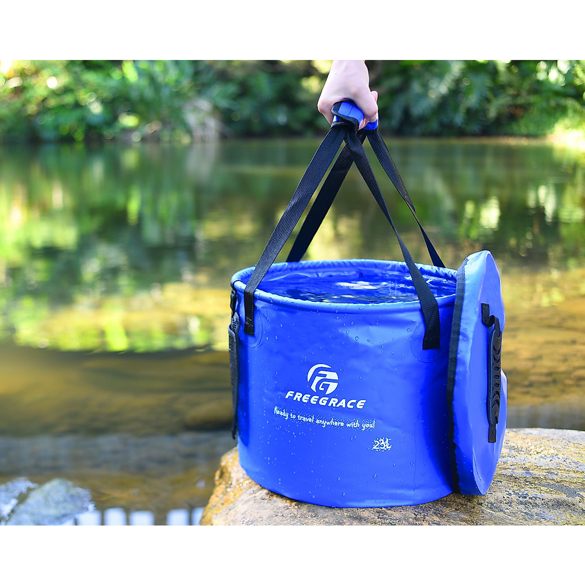 Premium Collapsible Bucket by Freegrace - Compact Portable Folding Water Container - Lightweight & Durable - Includes Handy Tool Mesh Pocket (Navy Blue(Upgraded), 23L (Lid))