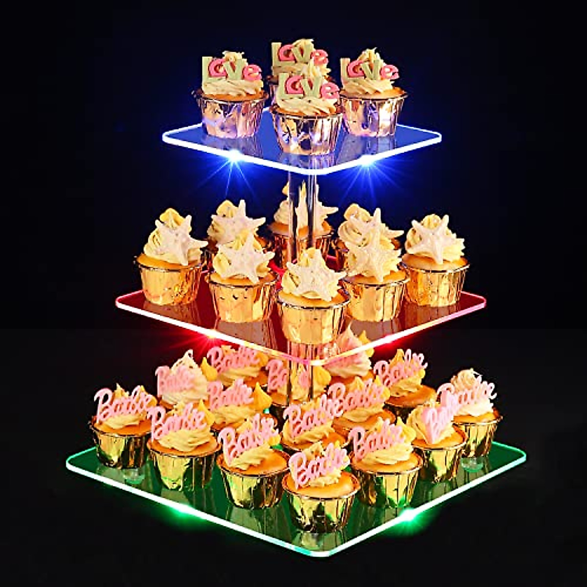 TANGSHUO 3 Tiers Square Acrylic Cupcake Stands with Rechargeable LED Light, Clear Cupcake Tower - Dessert Tower - Cupcake Tier Stands for Weddings, Anniversaries, Baby Showers, Birthday Parties