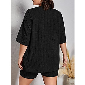 Verdusa Women's Plus Size Lounge Sets 2 Piece Ribbed Half Sleeve Top and Shorts Black 4XL