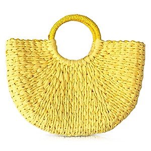QTKJ Simple Retro Semi-circle Rattan Straw Bag Hand-Woven Round Handle Handbags Summer Beach Bag Tote Straw Bag Purse (Yellow)
